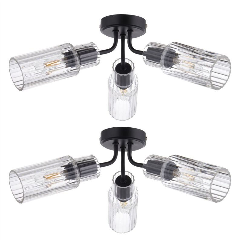 Set of 2 Portland - Black Clear Glass 3 Light Flush Ceiling Fittings