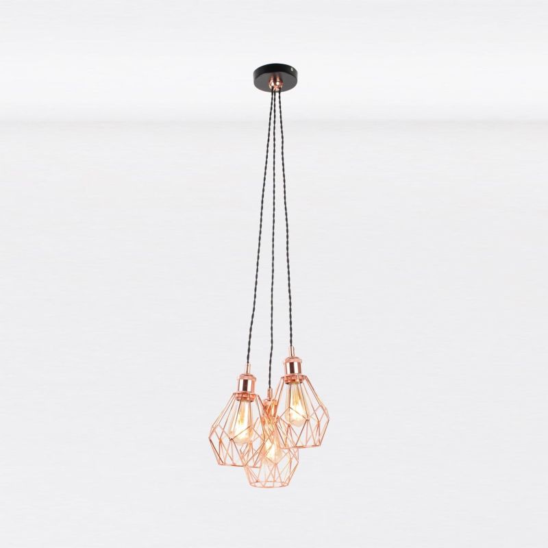 Matt Black & Copper Geometric 3 Light Cluster Pendant